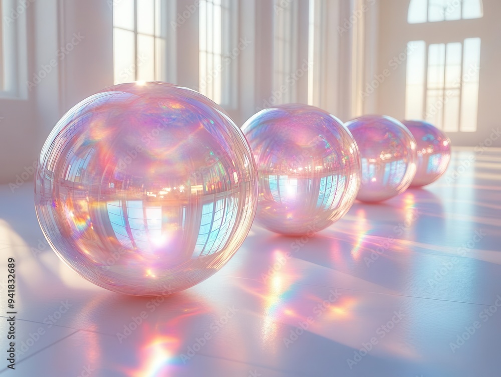 iridescent orbs floating in white space various sizes creating depth ...