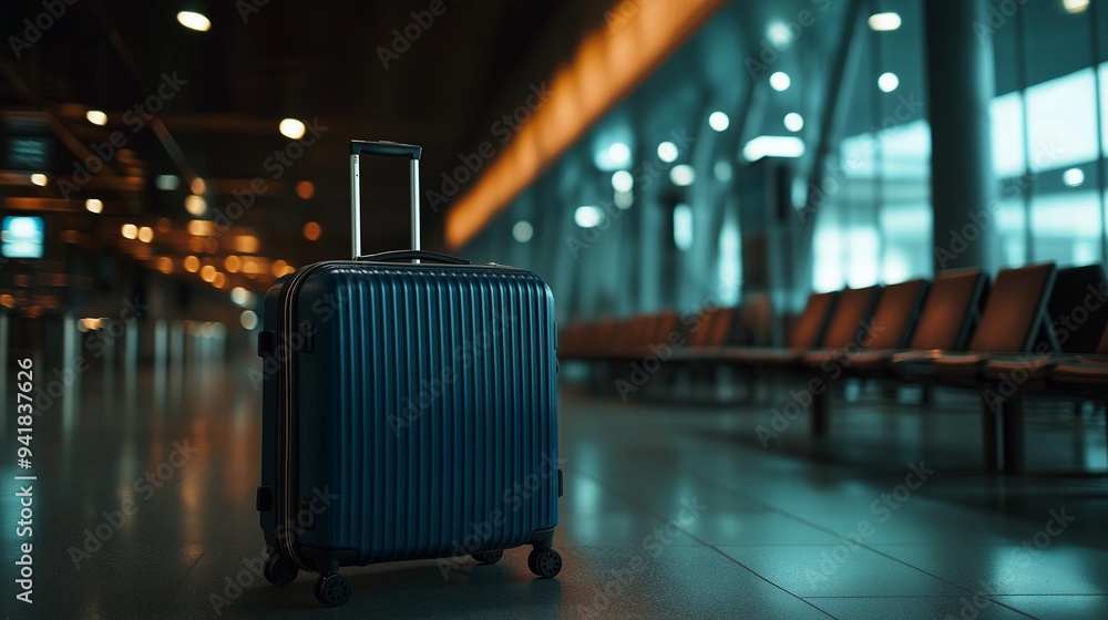 navy blue suitcase standing next to a row of seats in an airport ...