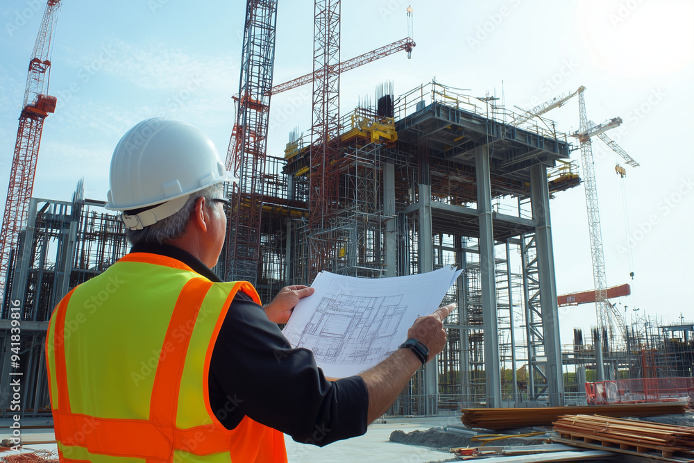 An industrial architect on a construction site, wearing a hard hat and ...