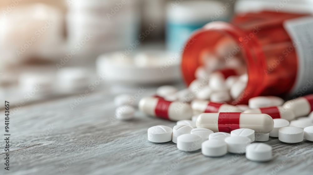 White capsules with red bands spill out from an orange bottle onto a ...