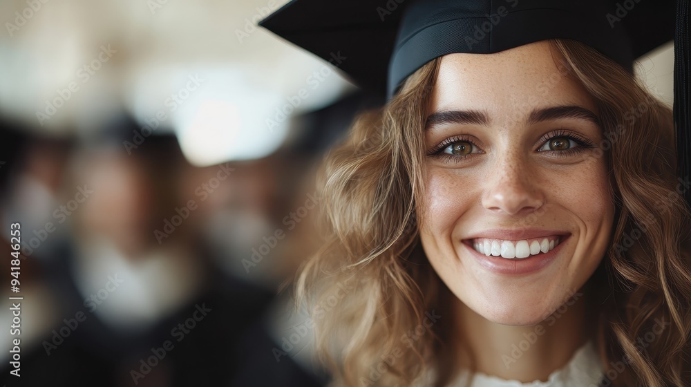 A young woman with wavy hair smiling brightly at her graduation ...