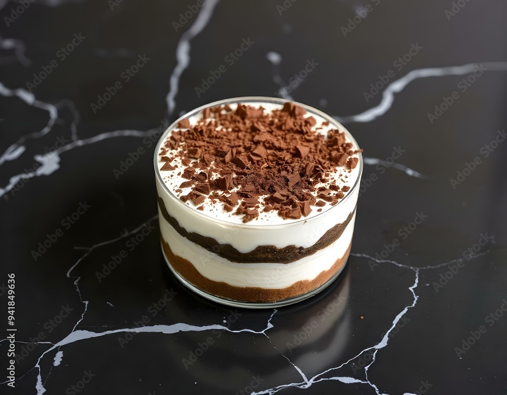 tiramisu placed on a black marble surface, with rich chocolate shavings ...