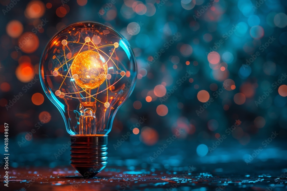 Fascinating light bulb shines with a central atom-like structure, set ...