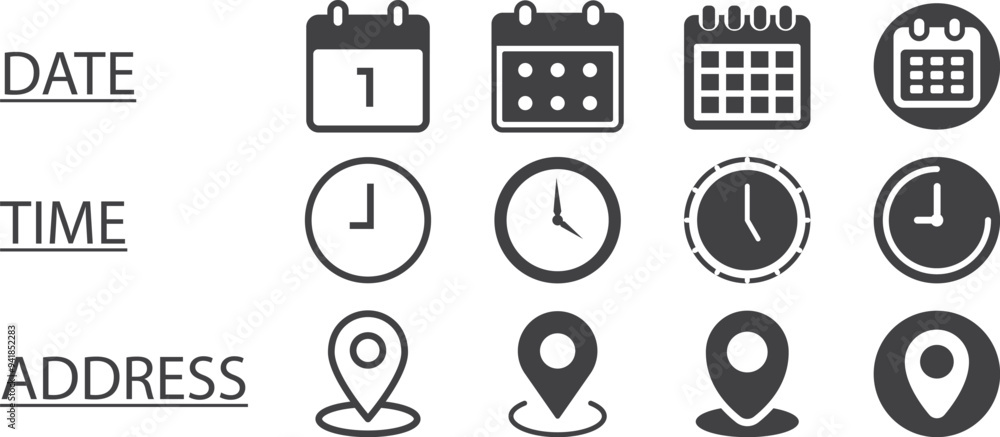 Date, Time, Address or Place Icons: Symbol - Time, date and address or Place icon set. Clock ...