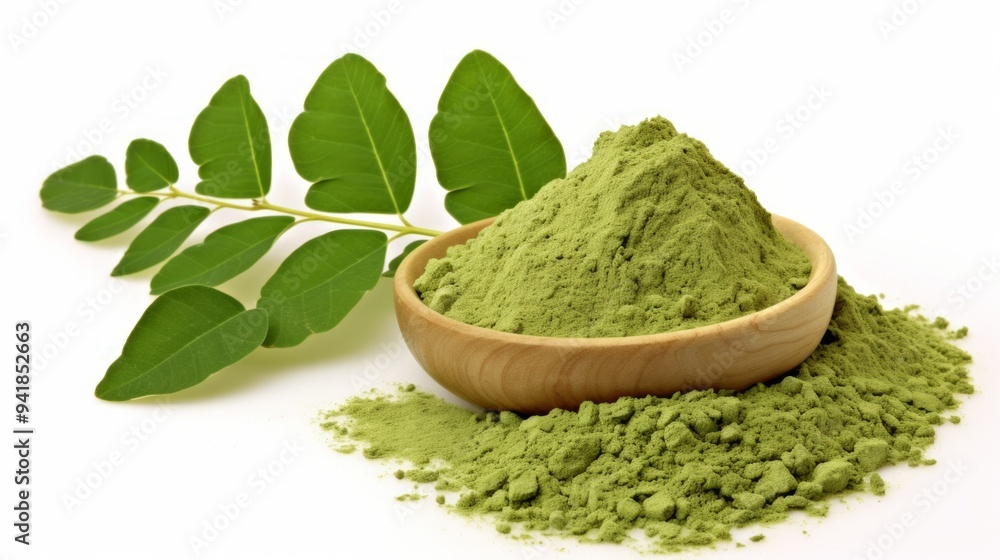 Powder of Moringa Oleifera with original fresh Moringa leaves isolated ...