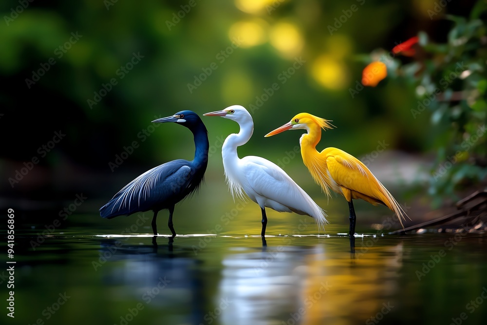 Beautiful birds in a peaceful pond captured in a realistic photo, with ...