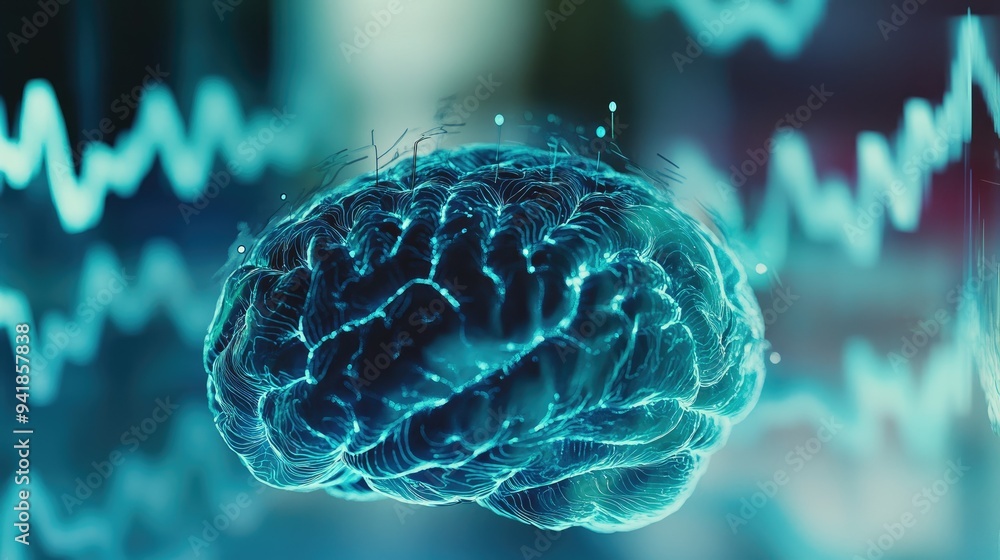 Detailed shot of a modern EEG device with electrical wave patterns ...