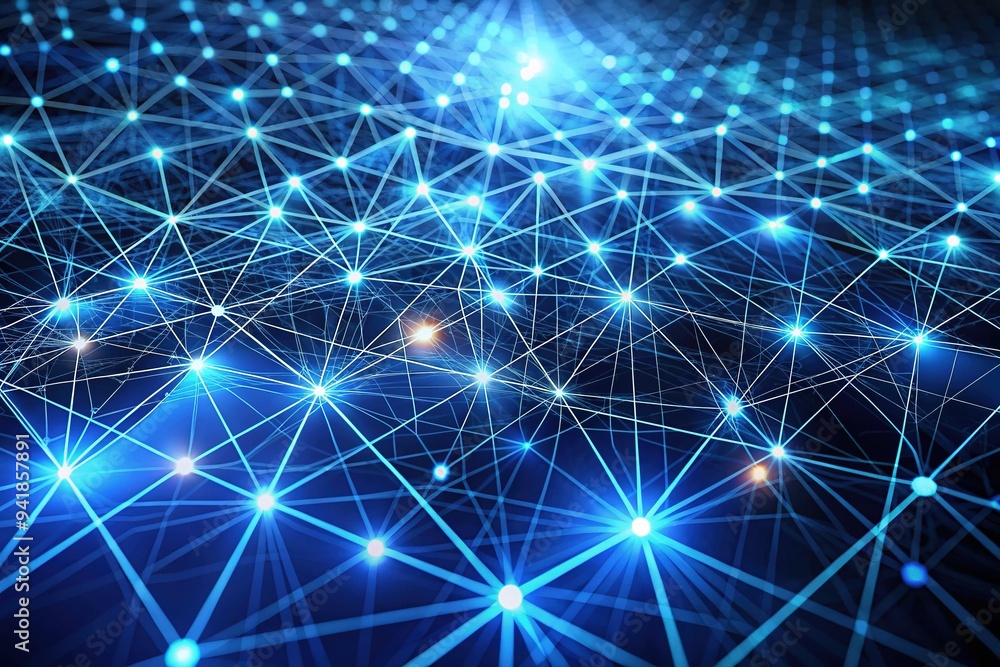 Abstract blue grid composed of connected nodes and lines forming a ...