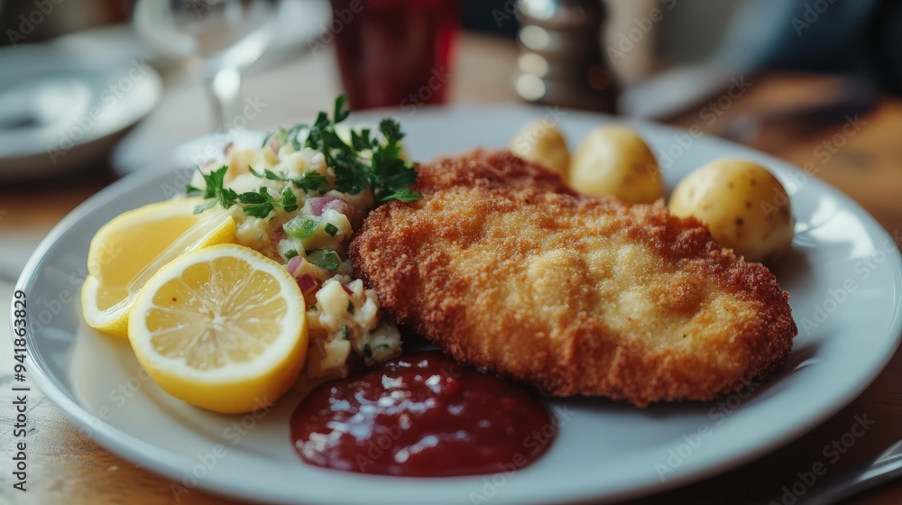 Austrian Wiener Schnitzel with breaded veal cutlet Stock Illustration ...