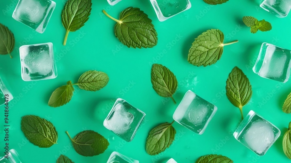 Refreshing background with ice cubes and scattered fresh mint leaves ...