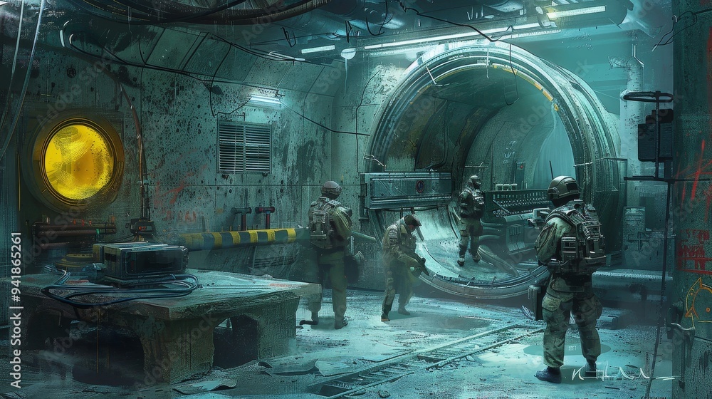 Armed soldiers are investigating a mysterious tunnel in a decrepit ...