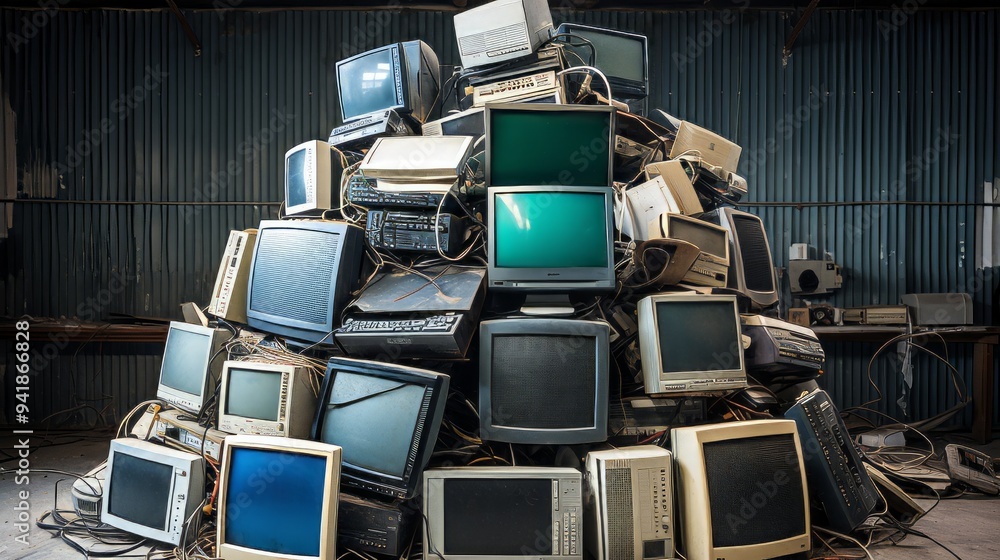 Electronic waste, a large pile of unwanted computer monitors and TV ...