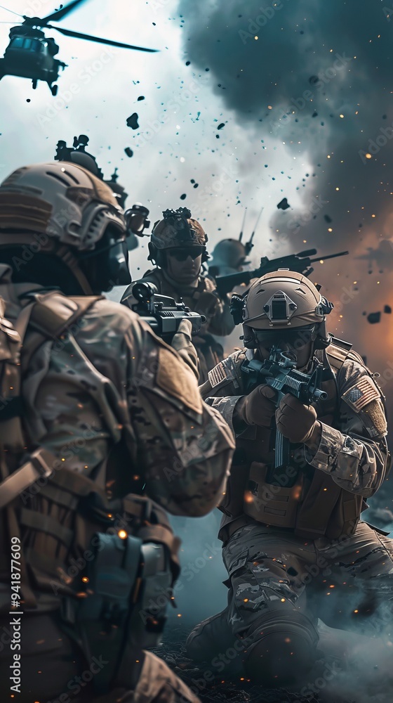 Soldiers engaging in a fierce military operation on a battlefield, with ...