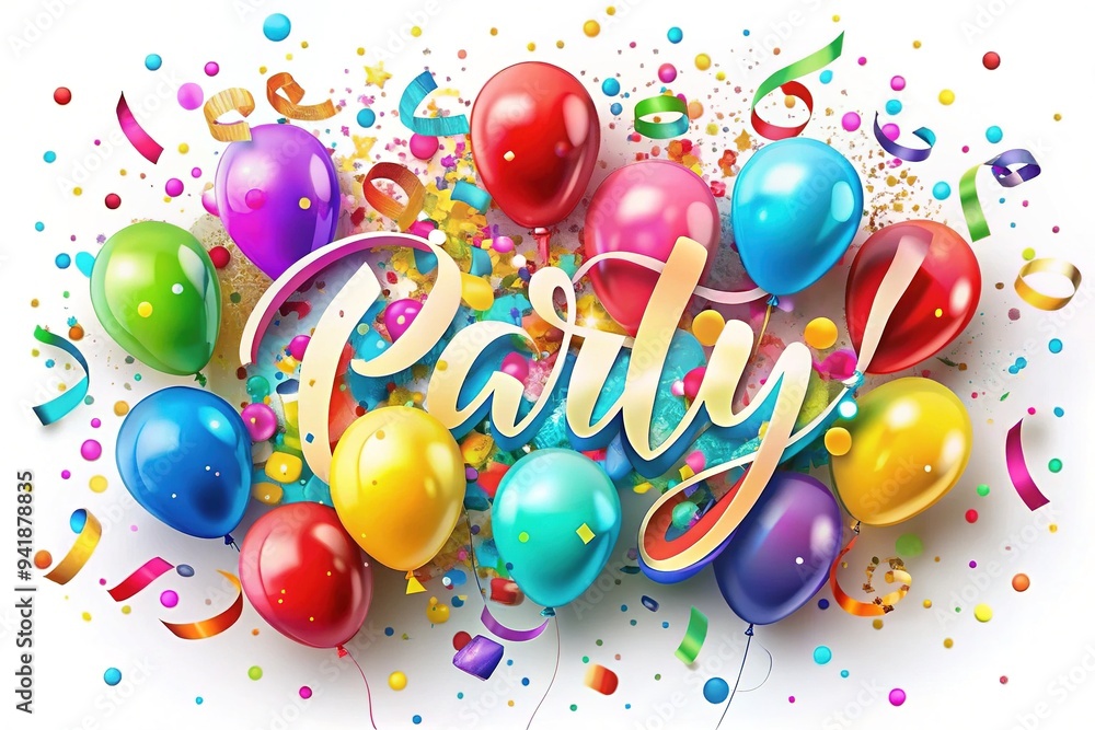 Colorful balloons and confetti surround a vibrant, stylized logo ...