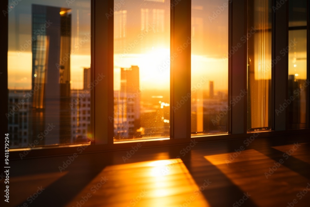 Office window frame from inside an multi story building, with the sun ...