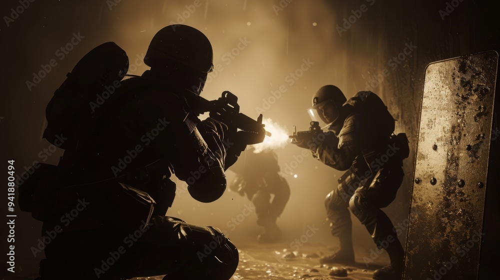Soldiers in combat with dramatic lighting, showcasing an intense and ...