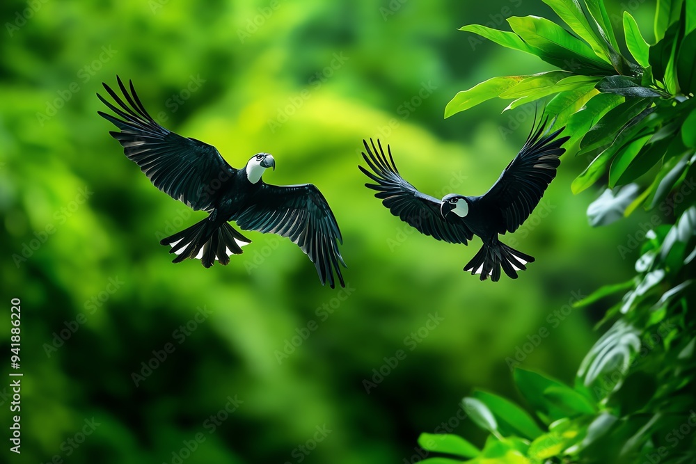 Beautiful birds soaring above a dense jungle in a travel-themed image ...
