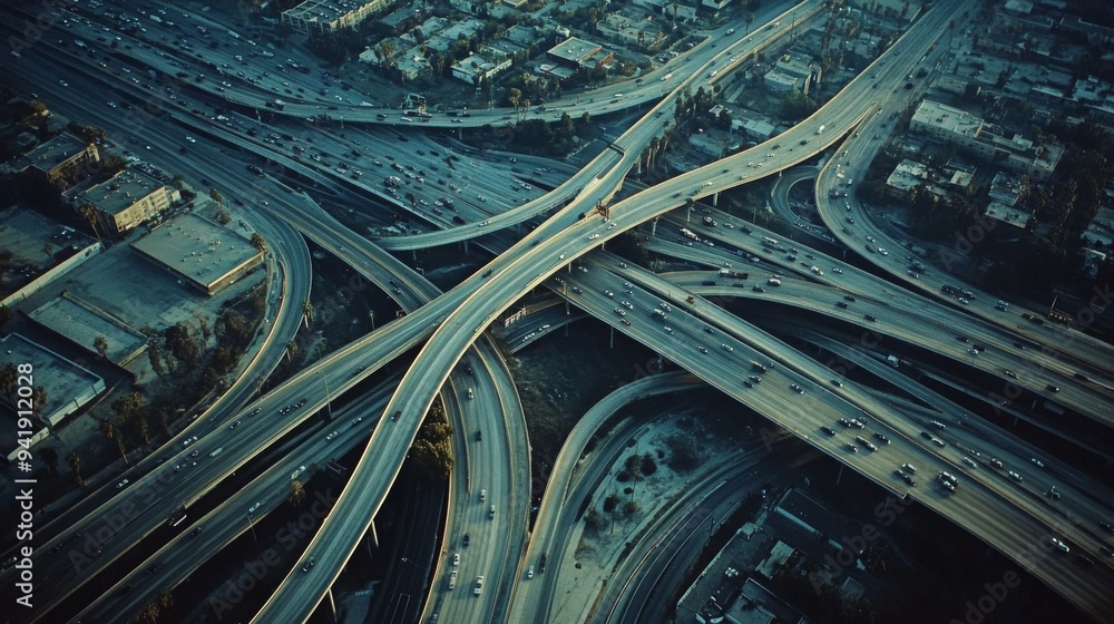 A panoramic view of a highway interchange with multiple roads and ramps ...