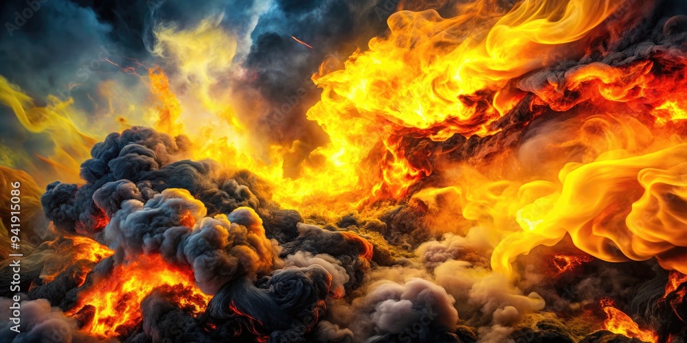 Smoking Inferno: Intense yellow flames, dense black smoke, chaotic ...