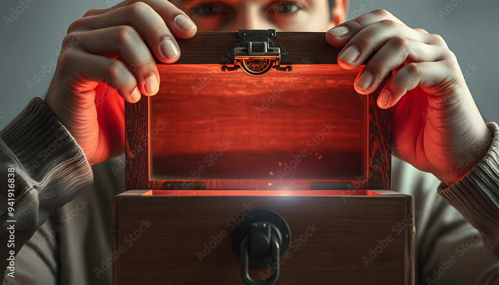 Closeup man open the old wood box in front of him and find the magic ...
