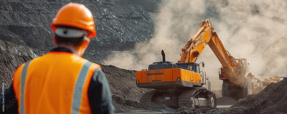 Miners in reflective gear operating heavy machinery in an open-pit mine ...