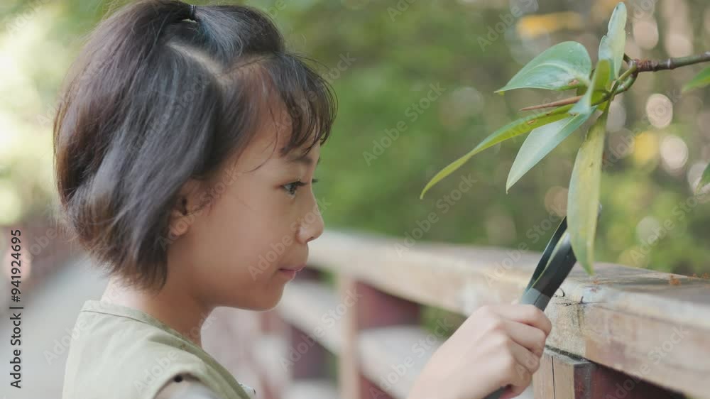 Close up face of adorable Asian girl is focused on inspecting nature ...