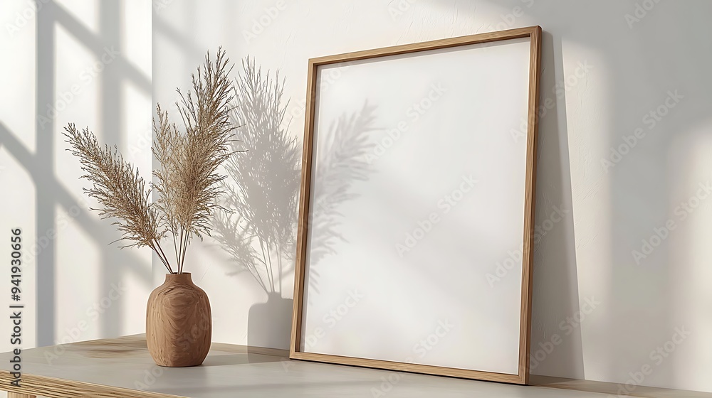 minimalist aesthetic frame mockup poster template on the table leaning ...