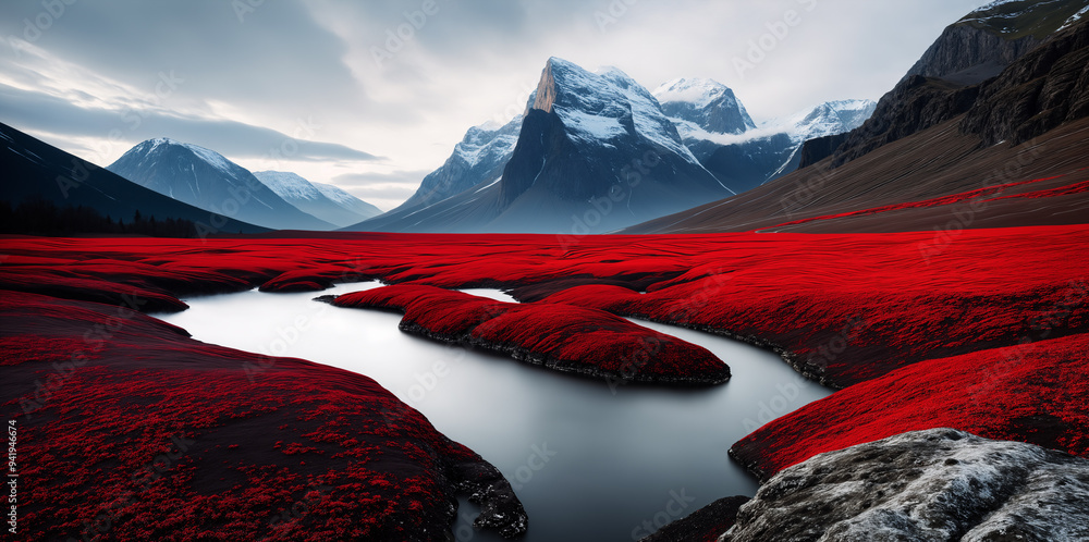 Red grass fields and rivers with mountains and sky as background.AI ...