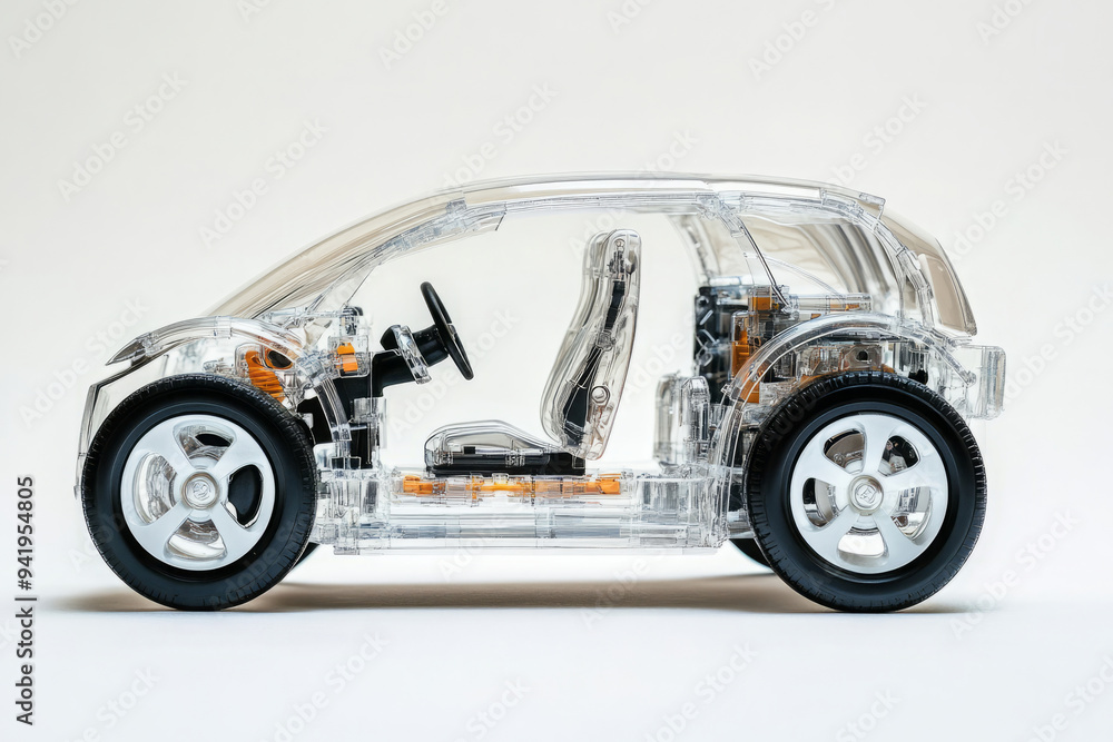 Cutaway view of electric car with battery engine and powertrain on ...