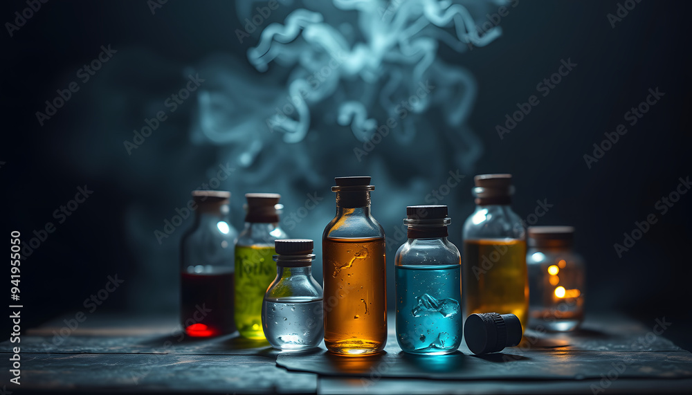 Spiritual occultism and magic chemistry background. Witchcraft potion ...