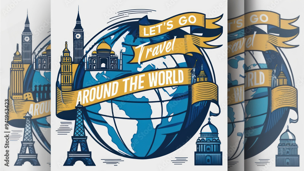 Travel poster set template design with promo text and world's famous ...