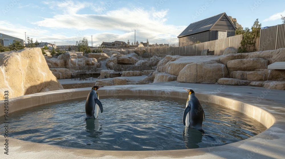 Two king penguins stand side by side in a zoo tank, one tilting its ...
