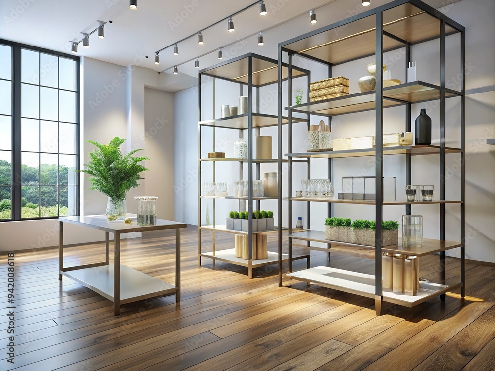 Modern minimalist retail display stand with glass shelves and metal ...