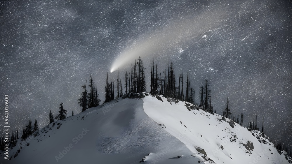 Celestial Snow, Mountain Peaks Beneath a Starry Sky, generative AI ...