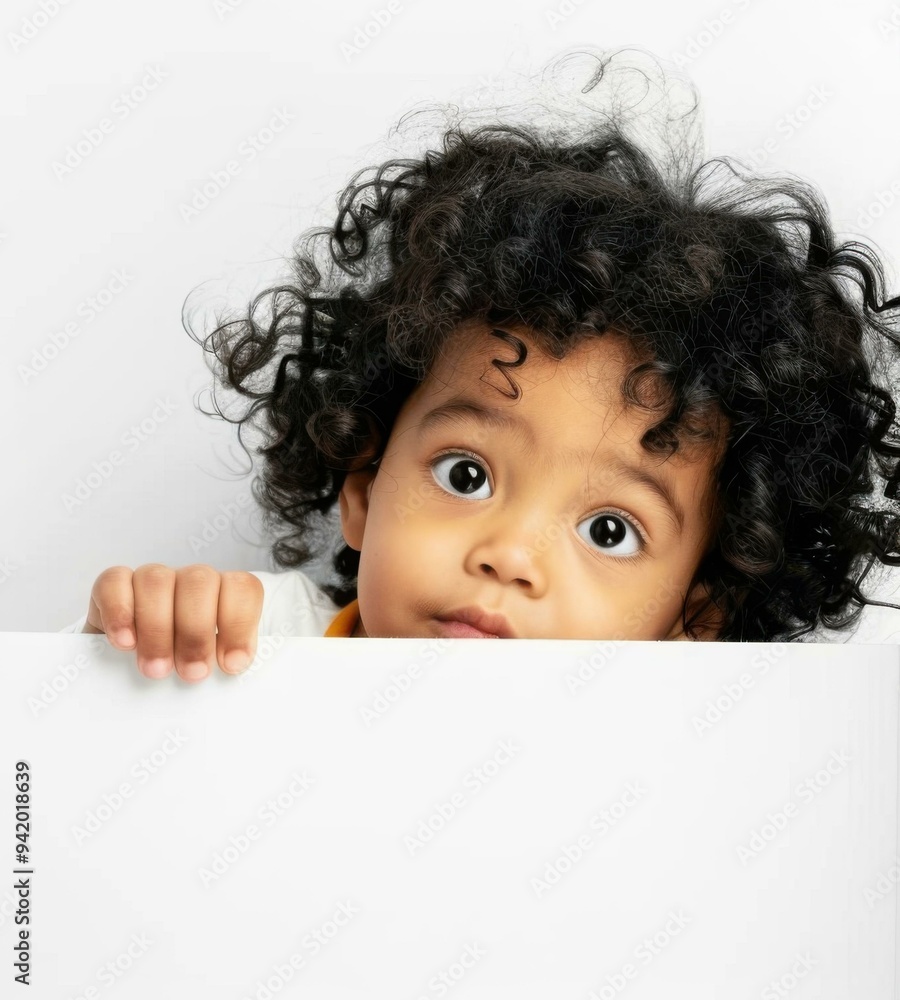 A little girl peeking over a white board with her hands on the edge. AI ...