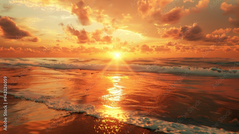 A gorgeous sunset with mostly orange and yellow tones, lightly clouded ...