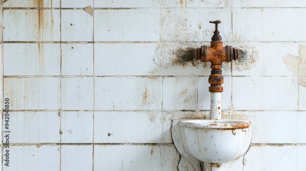 A rusty water pipe stands on a white urinal against a backdrop of white ...
