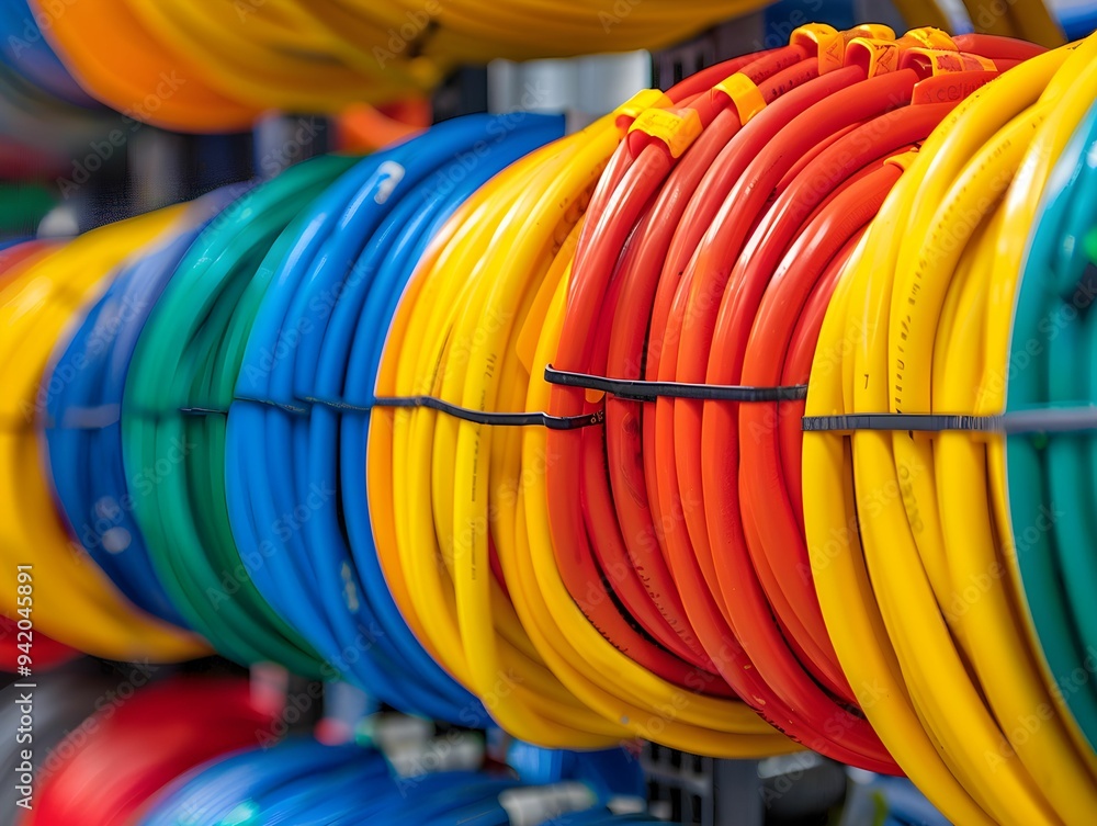 Colorful flexible hoses displayed in a hardware store arranged neatly ...