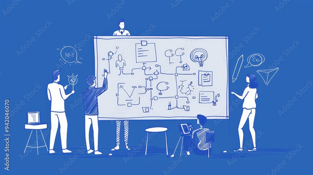 A team of business people collaborate around a large whiteboard ...