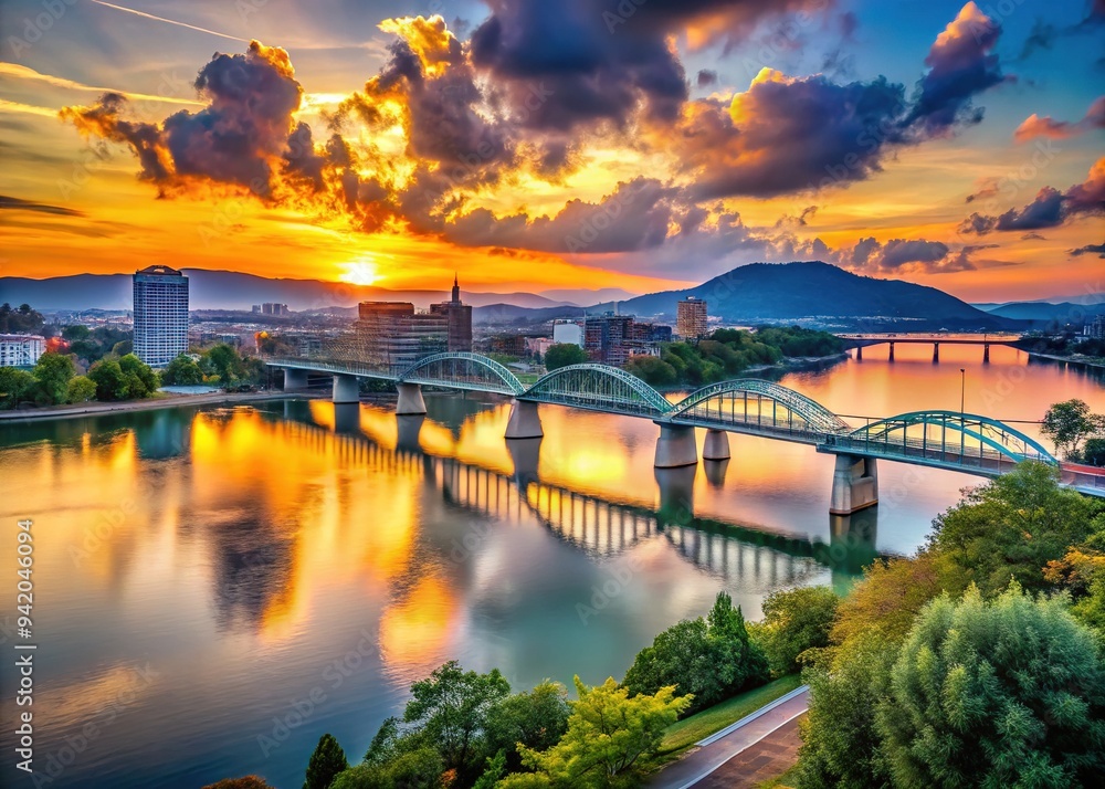 Scenic sunset over the Tennessee River, with the Walnut Street Bridge ...