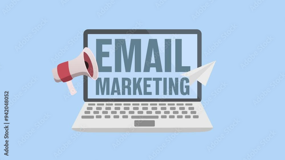 Animated laptop appearing with a megaphone and a paper plane. „Email ...