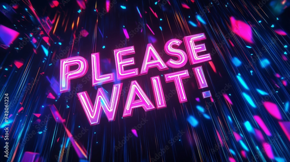 Please Wait! neon text with glitch and motion blur background. Please ...