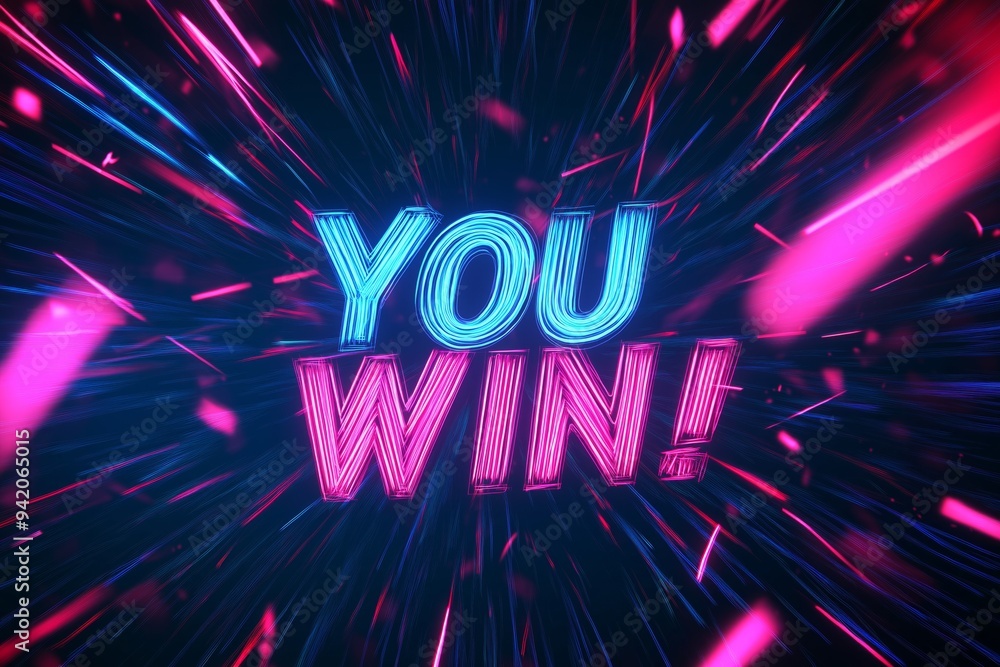 You Win! neon text with glitch and motion blur effects background. You ...