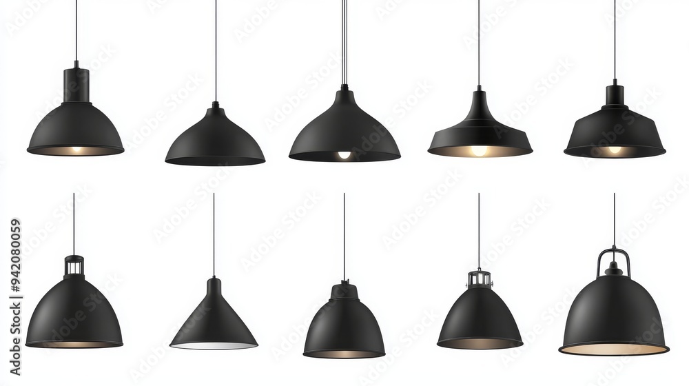 Vector illustration of metal pendant lamp shades in various shapes and ...