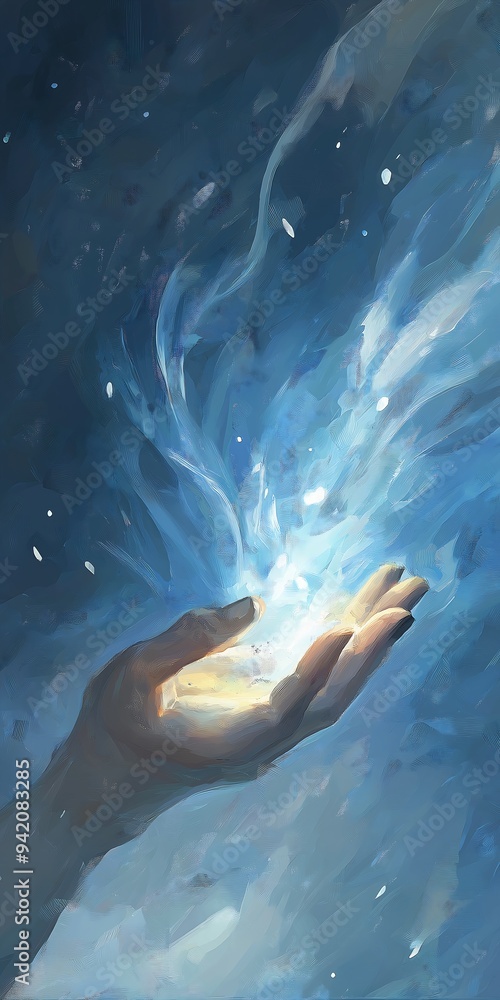 hand holding glowing object air card template mage transcending higher ...