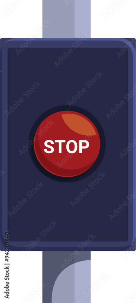 Red emergency stop button is embedded in a blue panel, signifying a ...