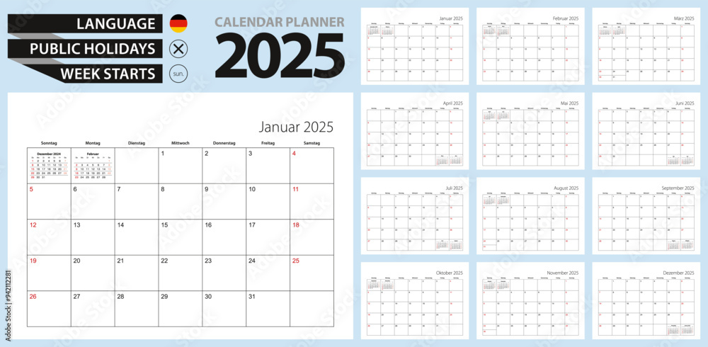 German calendar planner for 2025. German language, week starts from ...