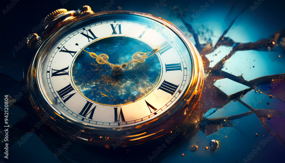 A dynamic poster featuring a close-up of a broken watch face, with the ...