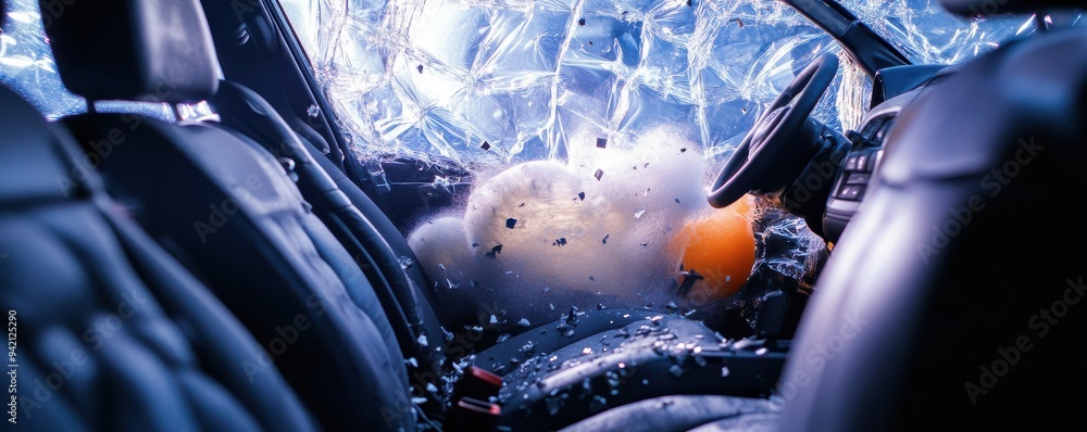 Detailed photo showing deployed front airbags in a vehicle interior ...