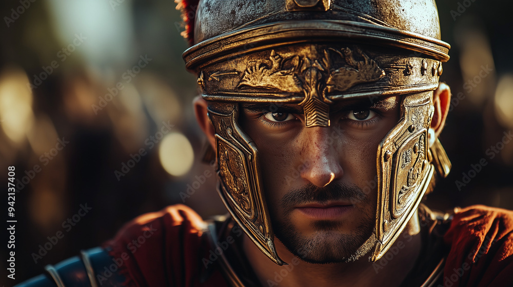 Rzymski żołnierz w pełnym uzbrojeniu, z bogato zdobionym hełmem ...